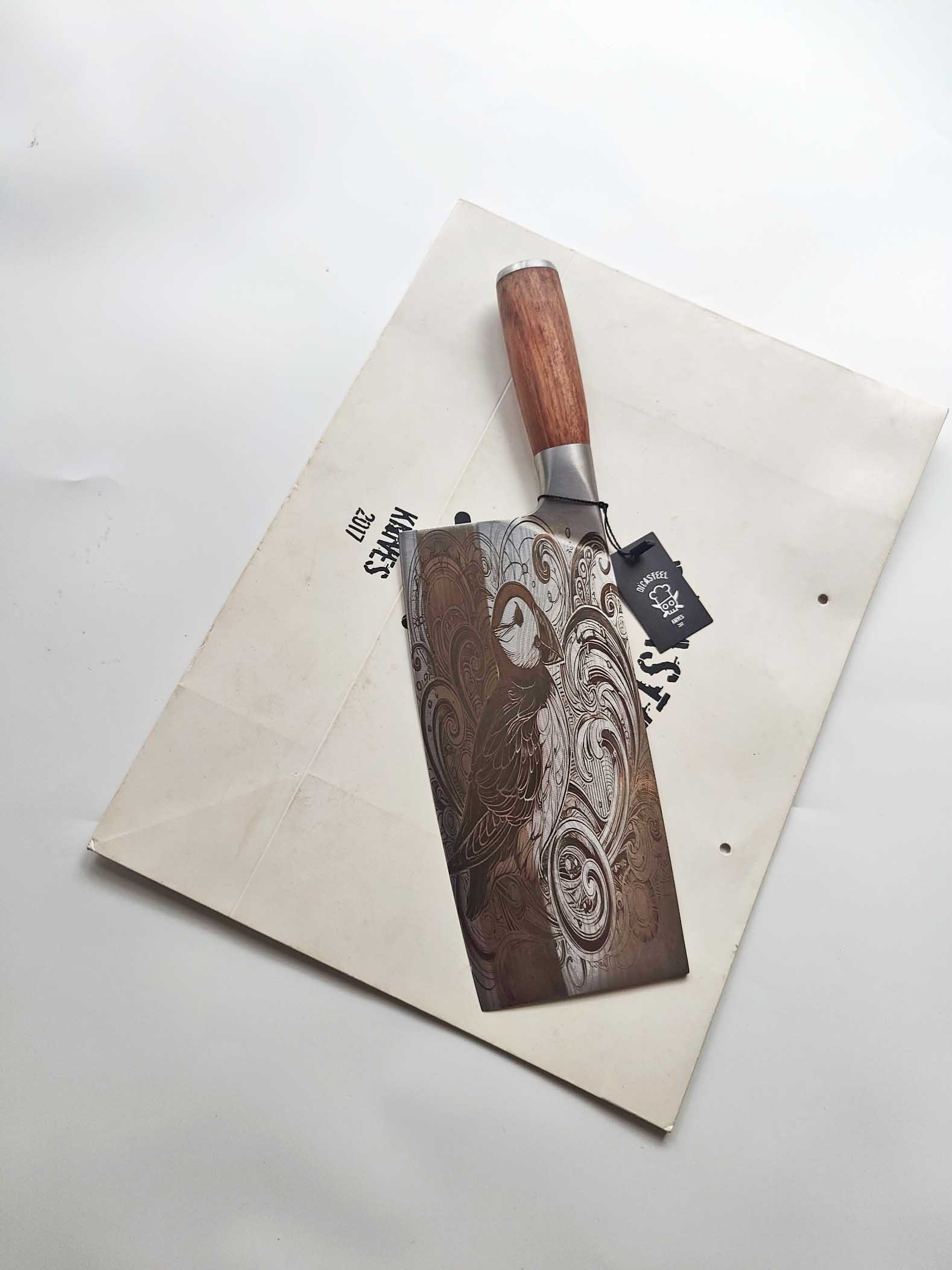 Cleaver Knife with Puffin Engraving – 4Cr13 Stainless Steel, Rosewood ...